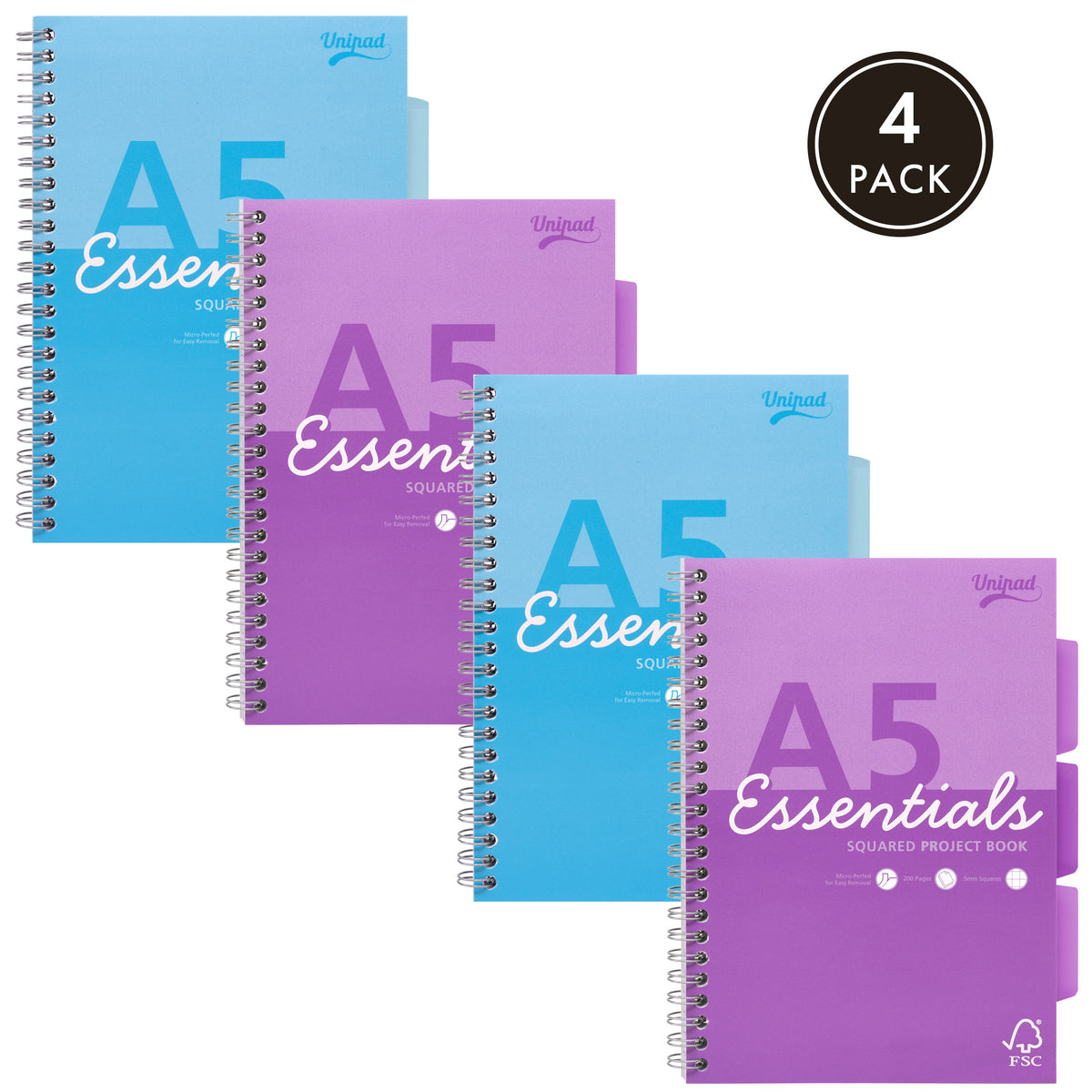 Unipad Essentials 5x5 Squared A5 Project Book - Pack of 4 Assorted ...